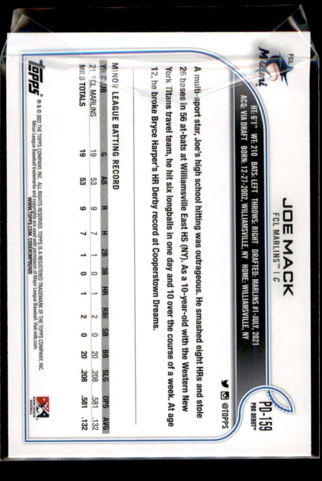 2022 TOPPS PRO DEBUT JOE MACK FCL MARLINS #PD-159 | eBay