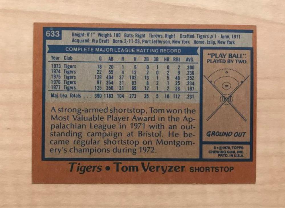 TOM VERYZER DETROIT TIGERS SIGNED DECEASED 1978 TOPPS CARD #633 W/COA ...