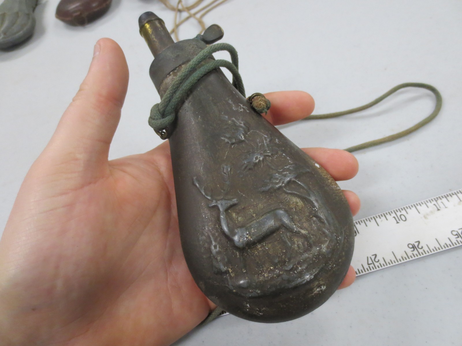 Antique Metal Black Powder/Shot Flask w/ Hunter Theme | eBay