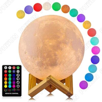 16 Colors LED 3D Moon Lamp Wodden Base Stand USB Charging Night Light ...