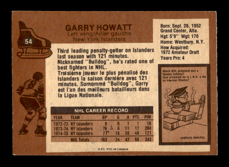 1975-76 O Pee Chee # 54 Garry Howatt Autograph Signed Card New York ...