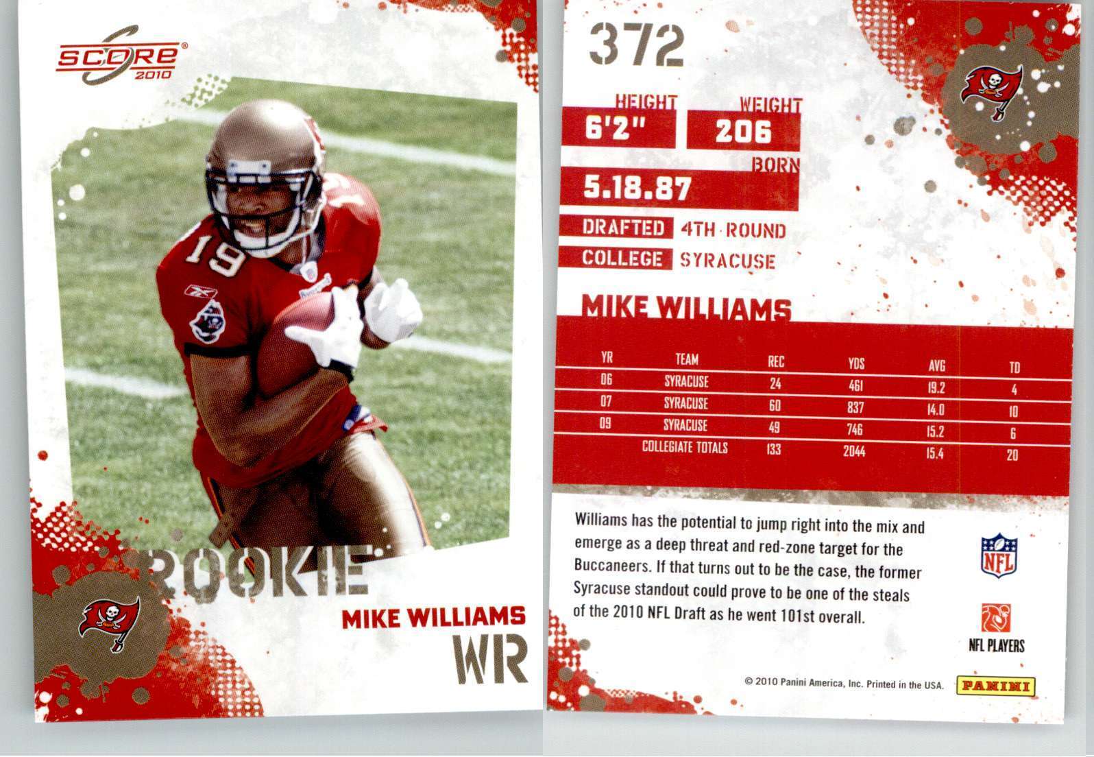 Mike Williams 2010 Score #372 Syracuse Buccaneers RC Rookie | eBay