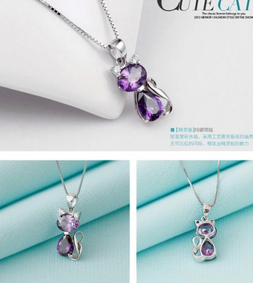 18" Sterling Silver Cartoon Amethyst Cat Cubic Zircon Pendant Necklace ...