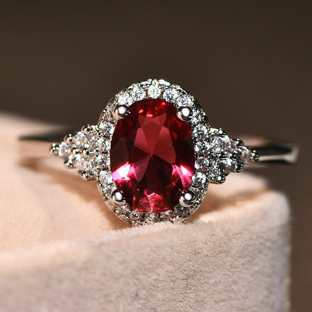 2.00CT Elegant Oval Red Ruby CZ Halo Women 935 Silver Engagement Ring ...