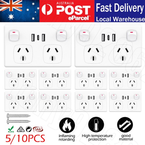5X FAST Charge 3.6 amp Dual USB+Type-C Double Power Point GPO Wall ...