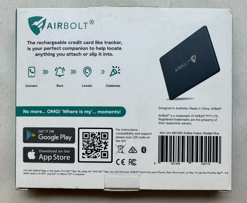AIRBOLT CARD - RECHARGEABLE CREDIT CARD LIKE TRACKER - STARLIGHT BLUE - NEW 9351204000114| eBay