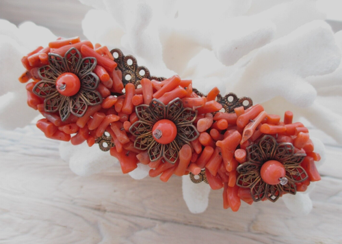 Miriam Haskell Early Vintage Branch Coral Filigree Triple Flower Brooch ...