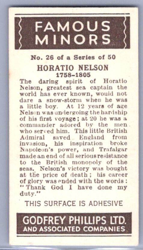 1936 Godfrey Phillips Famous Minors - Horatio Nelson #26 | eBay
