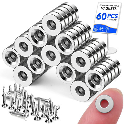 60 Pack Small Magnets Rare Earth Magnets with Countersunk Hole Matching ...