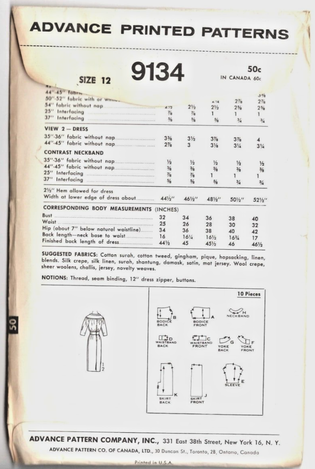 1950's Vintage ADVANCE Pattern 9134 MISSES ONE PIECE DRESS Size 12 | eBay