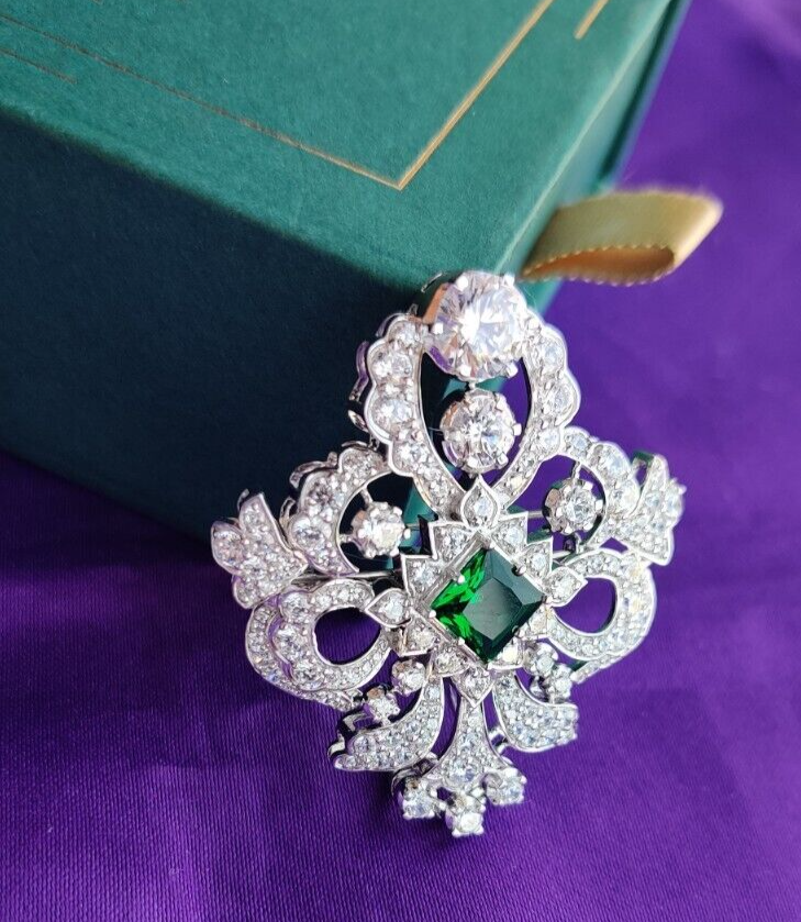 Antique Style Victorian Lab Created Emerald Pendant Brooch 925 Sterling ...