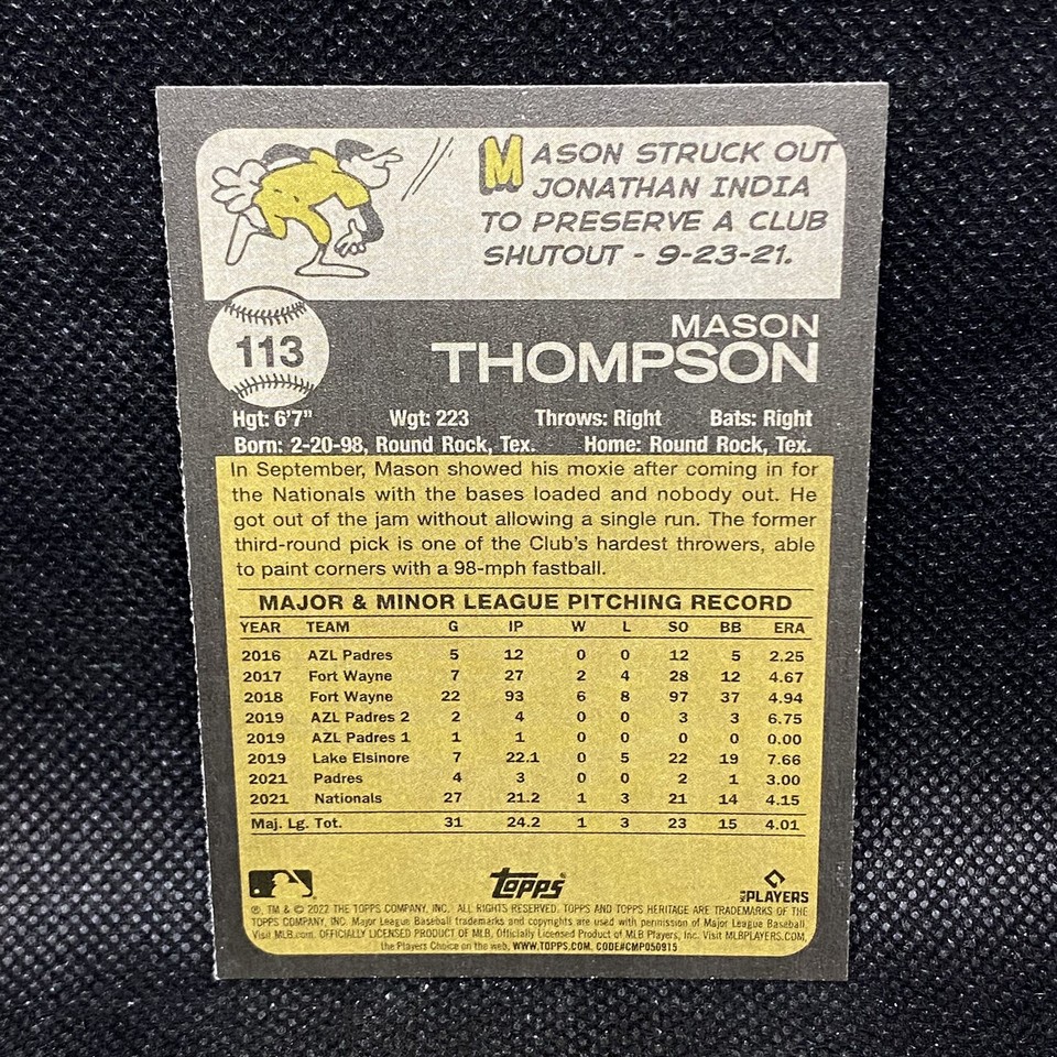 2022 Topps Heritage Mason Thompson RC Washington NATIONALS Rookie #113 ...
