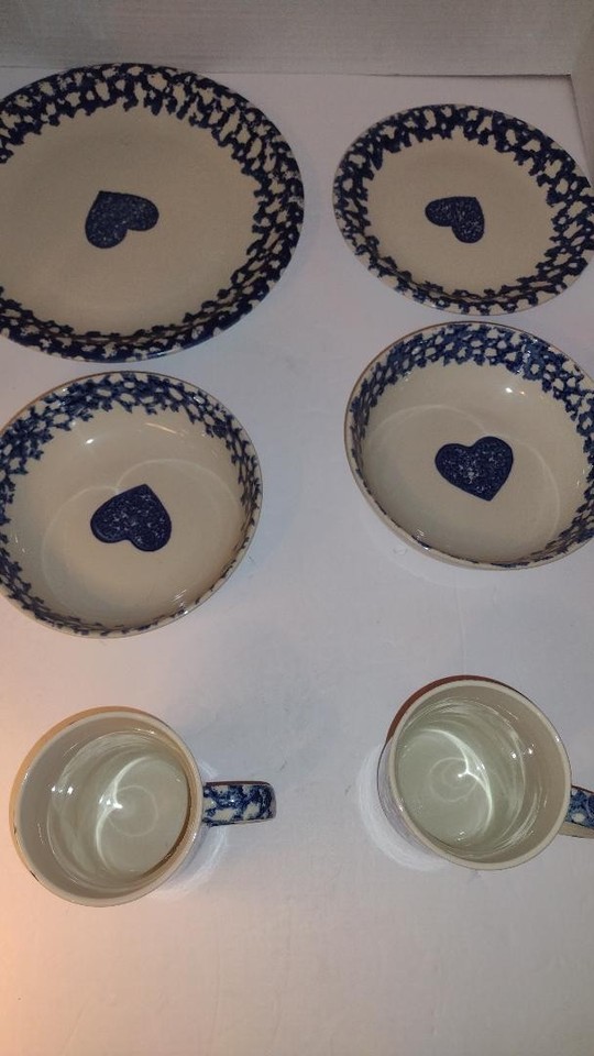 Tienshan Folk Craft Hearts & Sponge Blue Spongeware 7pc Set Plates ...