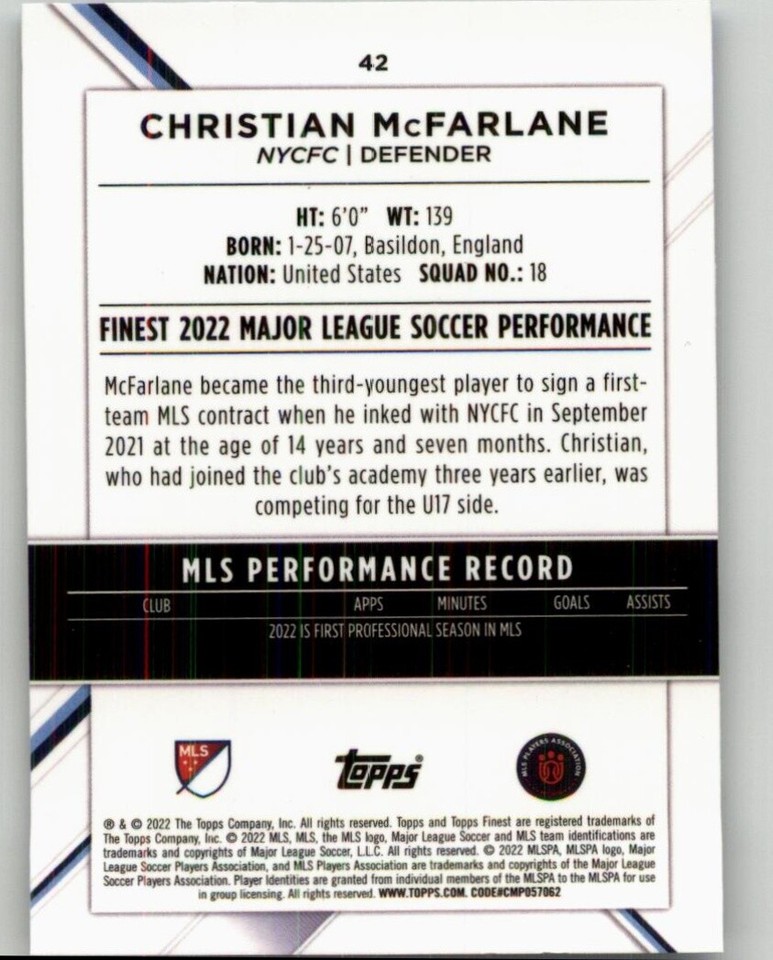 2022 Finest MLS Christian McFarlane Rookie #42 RC New York City FC | eBay