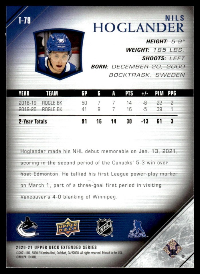 2020-21 Upper Deck 2005-06 Tribute Nils Hoglander Rookie Vancouver ...