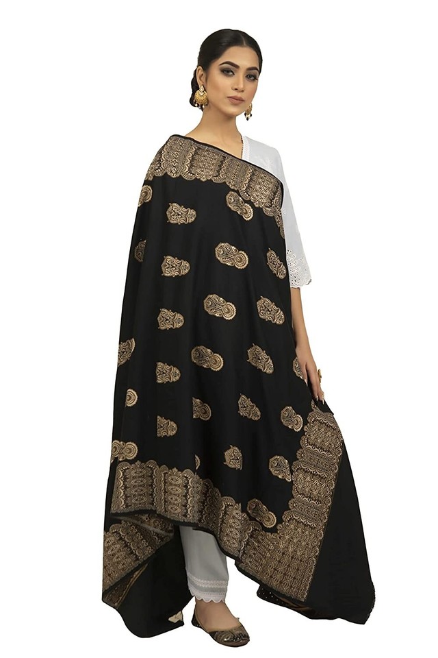 Womens' Jamavar Warm and Thick Paisely Motif Shawl Stole Wrap Black | eBay