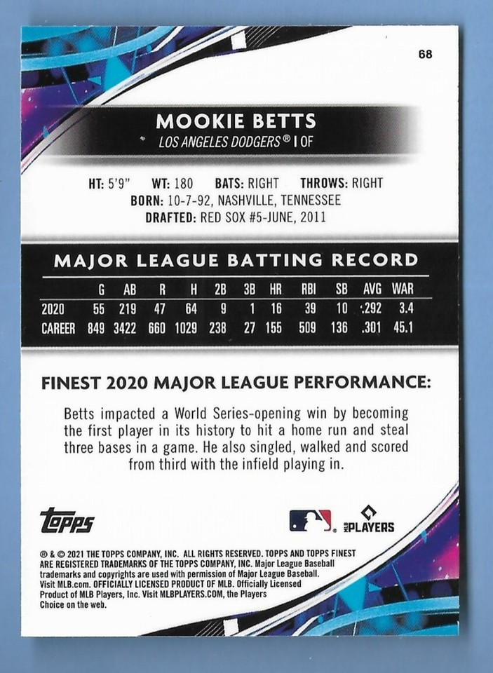 MOOKIE BETTS 2021 TOPPS FINEST COLOR BURST PARALLEL INSERT CARD #68 ...
