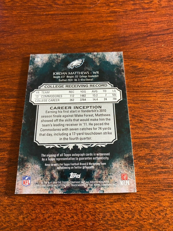 2014 Topps Inception #15 Jordan Matthews Autographed Rookie Card | eBay