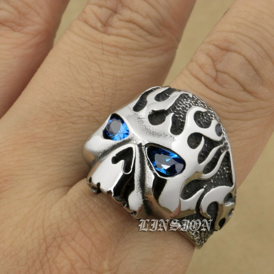 316L Stainless Steel Blue Eyes Fire Skull Mens Biker Punk Gothic Ring ...