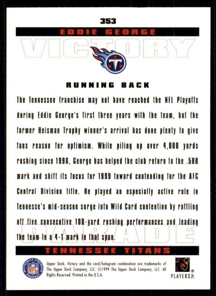 1999 Upper Deck Victory Eddie George Tennessee Titans #353 NFL Football ...