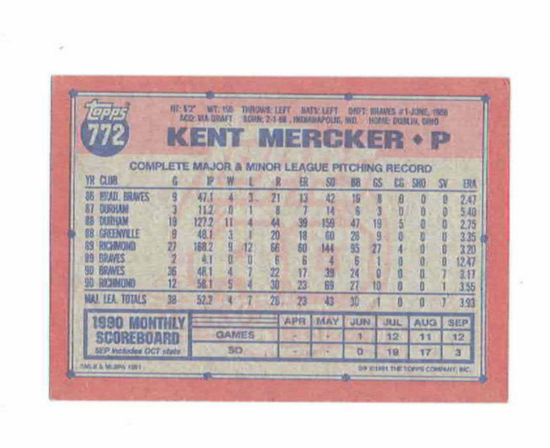 Kent Mercker Braves Pitcher #772 Topps 1991 Baseball Card | eBay