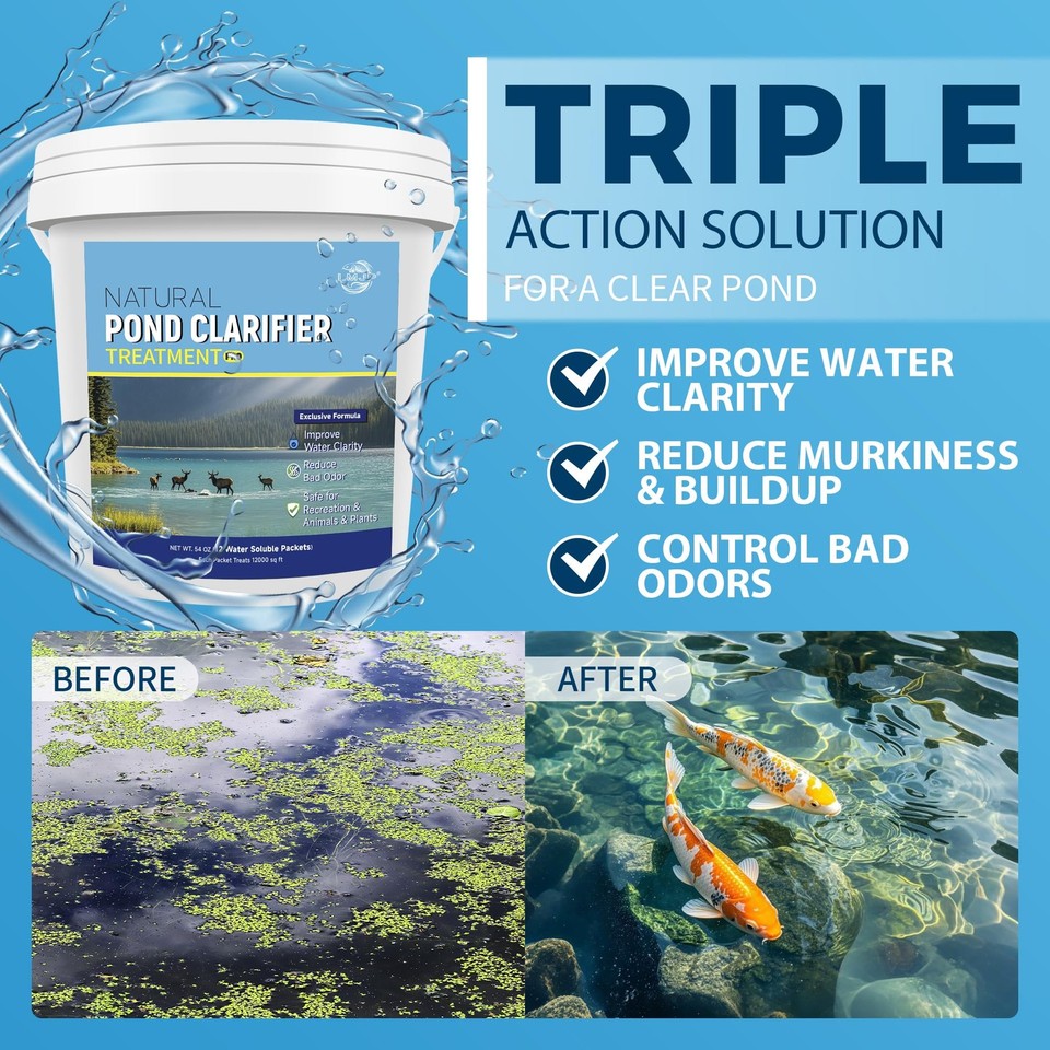 Pond Clarifier Treatment – 12 Packets Natural Pond Water Clear for ...