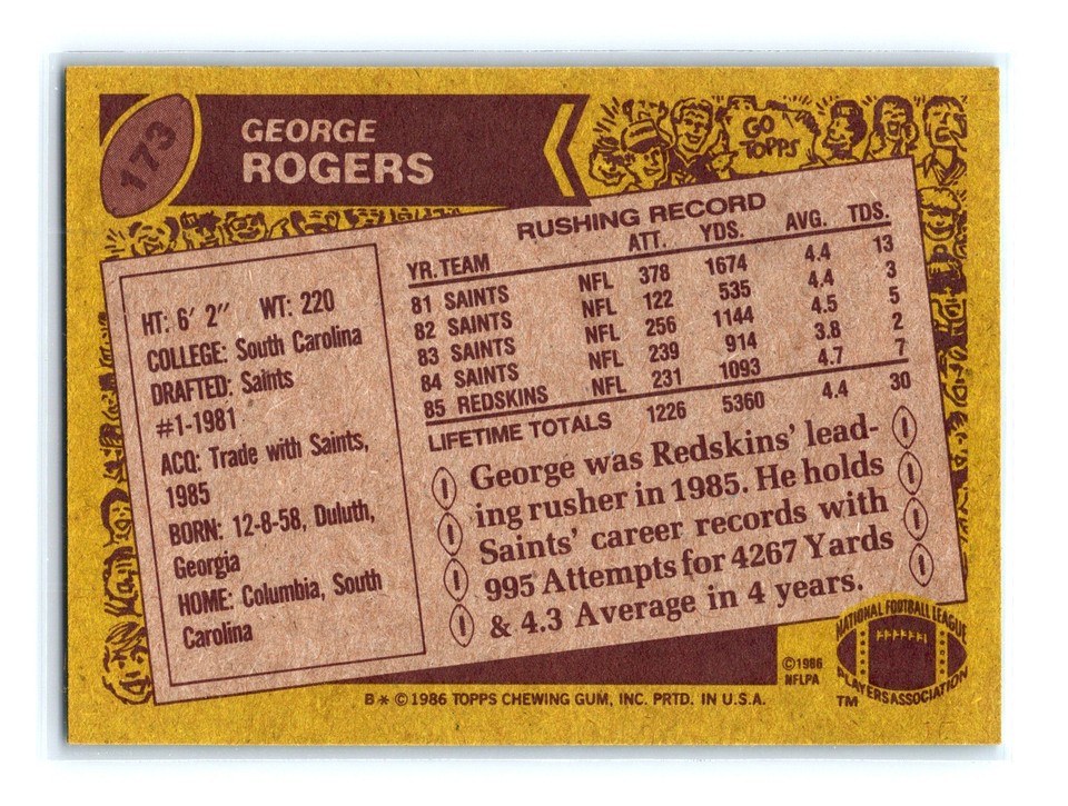 1986 Topps Football #173 George Rogers Washington Redskins | eBay