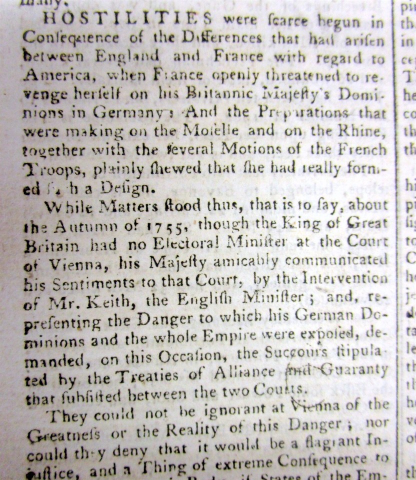 1757 newspaper BEGINNING of the FRENCH & INDIAN WAR Long essay of ITS ...