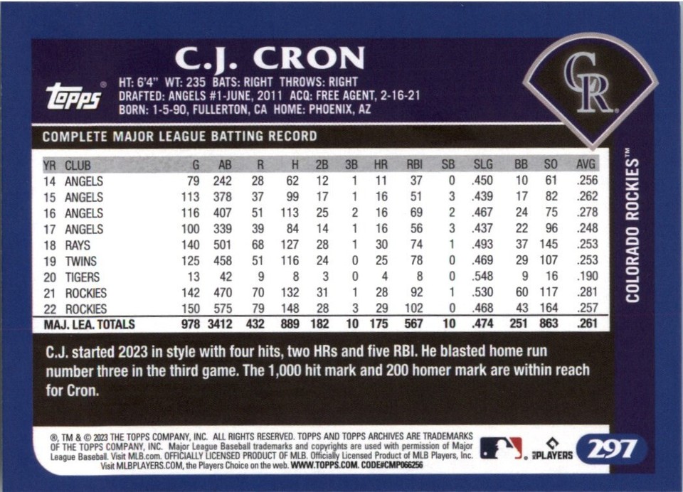 C.J. Cron 2023 Topps Archives Colorado Rockies #297 MLB Baseball Card ...