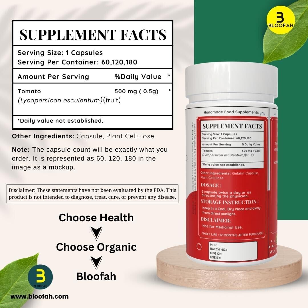 Bloofah Tomato Fruit Capsules (Lycopene) 500mg - 120 Count | Vegan ...