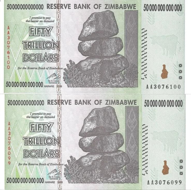 2008 Zimbabwe 2 genuine 50 Trillion Dollar banknotes consecutive AA ...