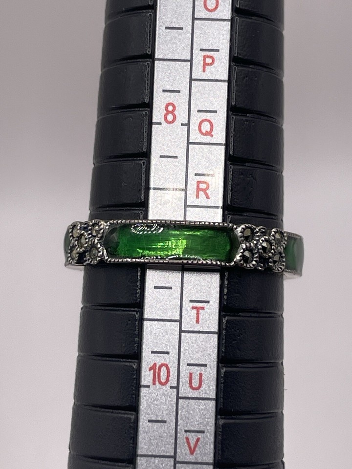 Judith Jack Marcasite & Emerald Green Enamel Band Sterling Silver Ring ...