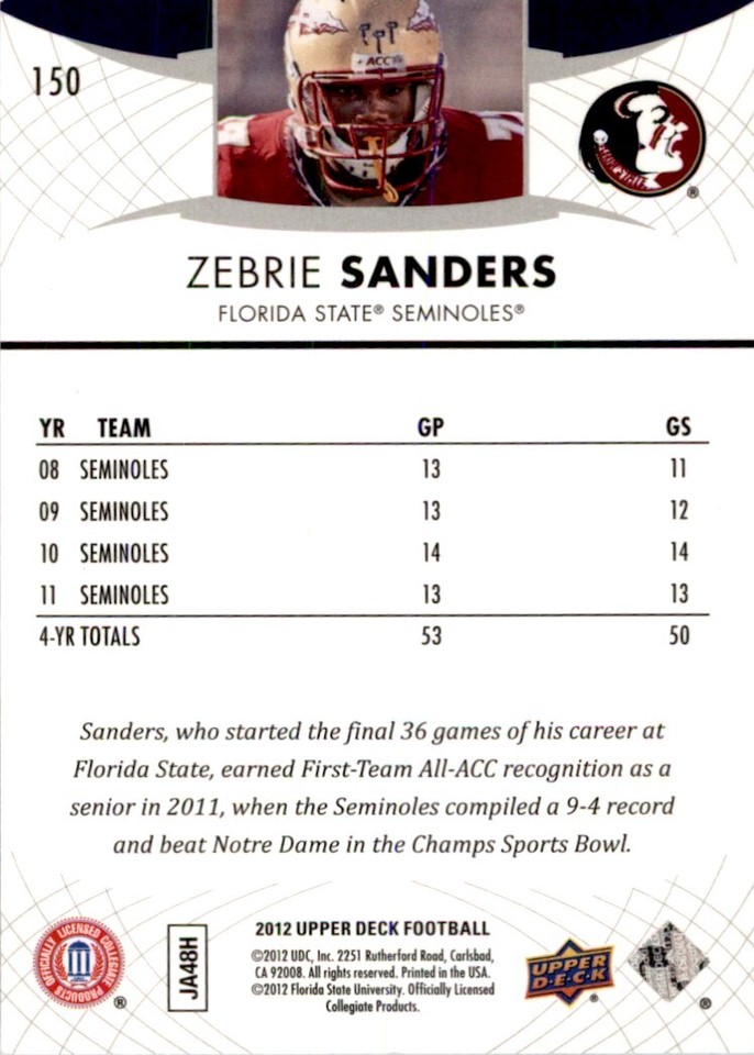 2012 Upper Deck Zebrie Sanders Florida State Seminoles #150 | eBay