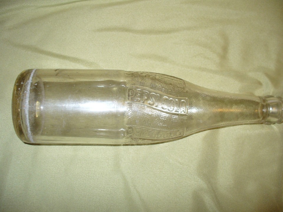 Vintage 1940's Pepsi Cola Glass Embossed Logo Bottle Duraglas Des Pat ...
