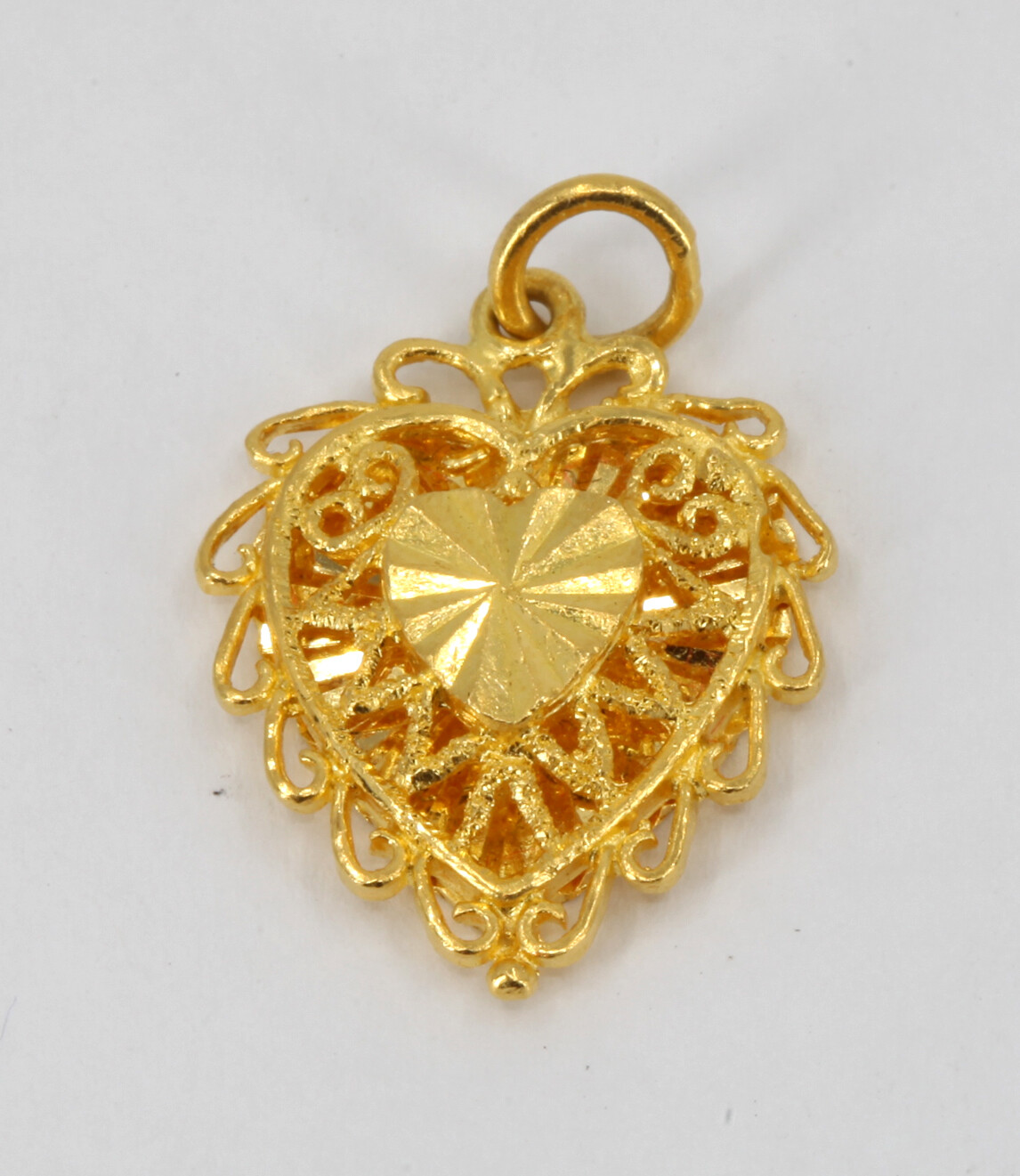 24K Solid Yellow Gold Filigree Heart Pendant Charm Pe… - Gem