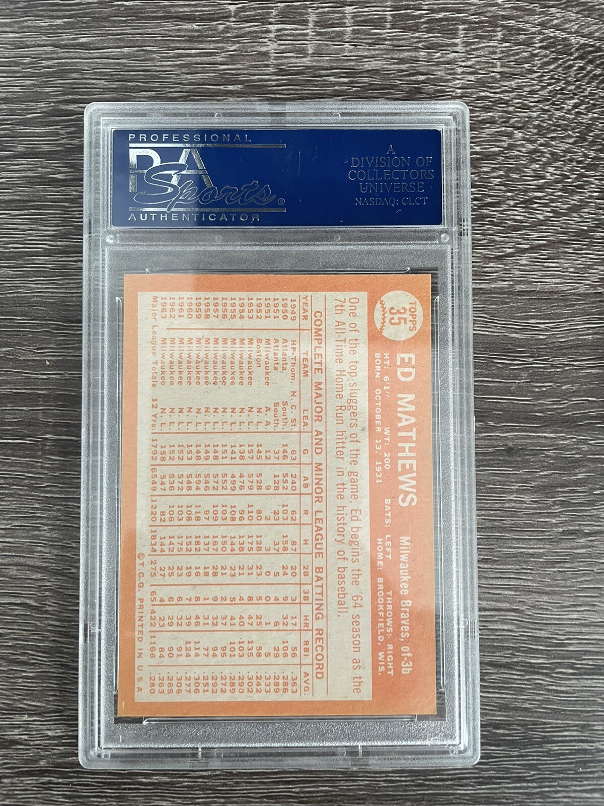 1964 Topps #35 ED EDDIE MATHEWS (HOF) PSA 6 EX/MT - MILWAUKEE ATLANTA ...