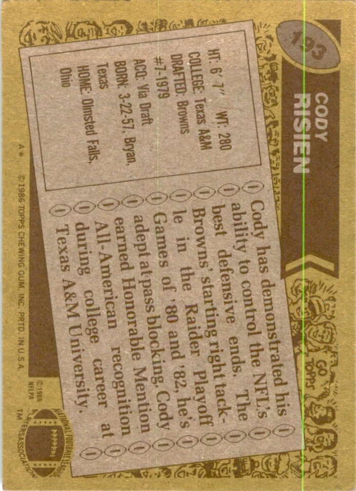 1986 TOPPS CODY RISIEN CLEVELAND BROWNS #193 | eBay