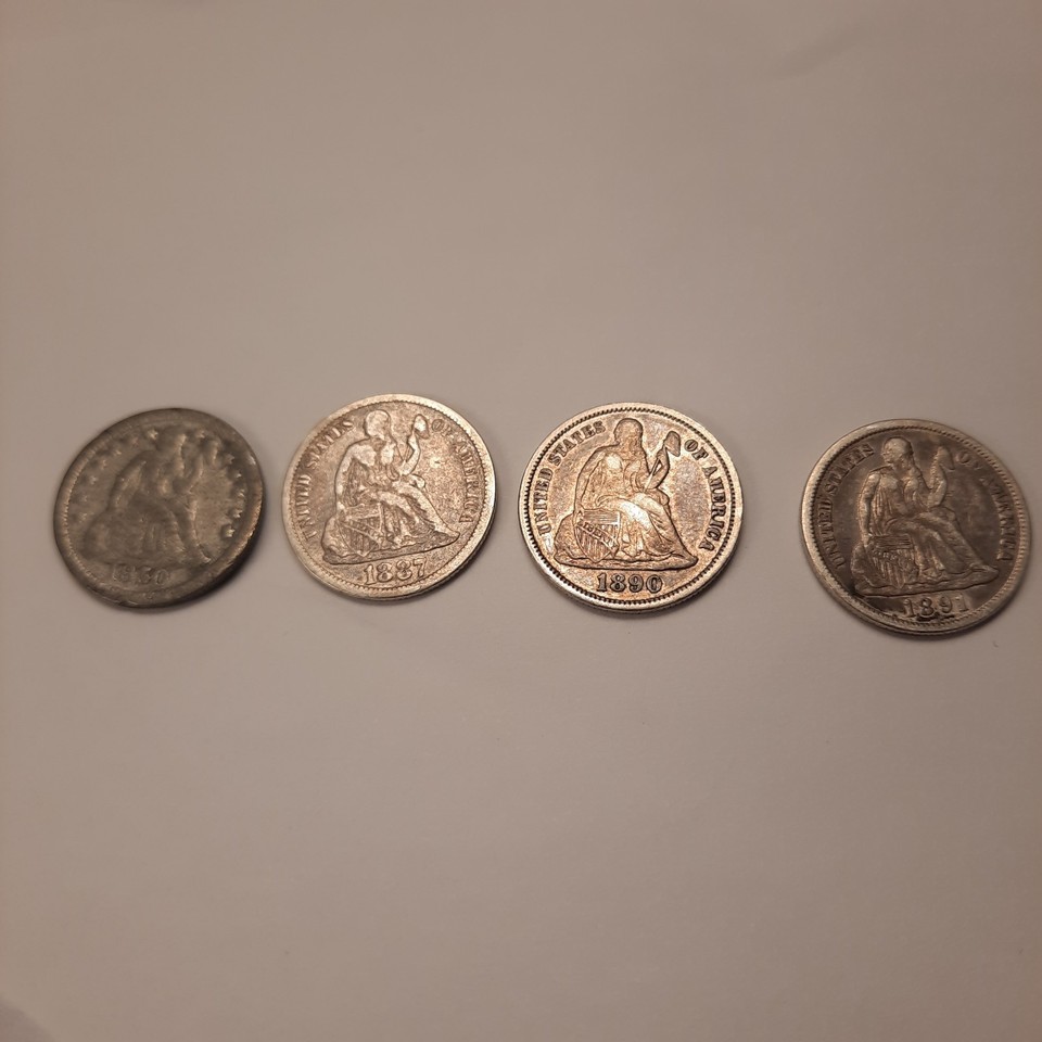 (4)SEATED LIBERTY DIMES BETTER GRADE (4) DIMES MIXED DATES,1850,,1887 ...