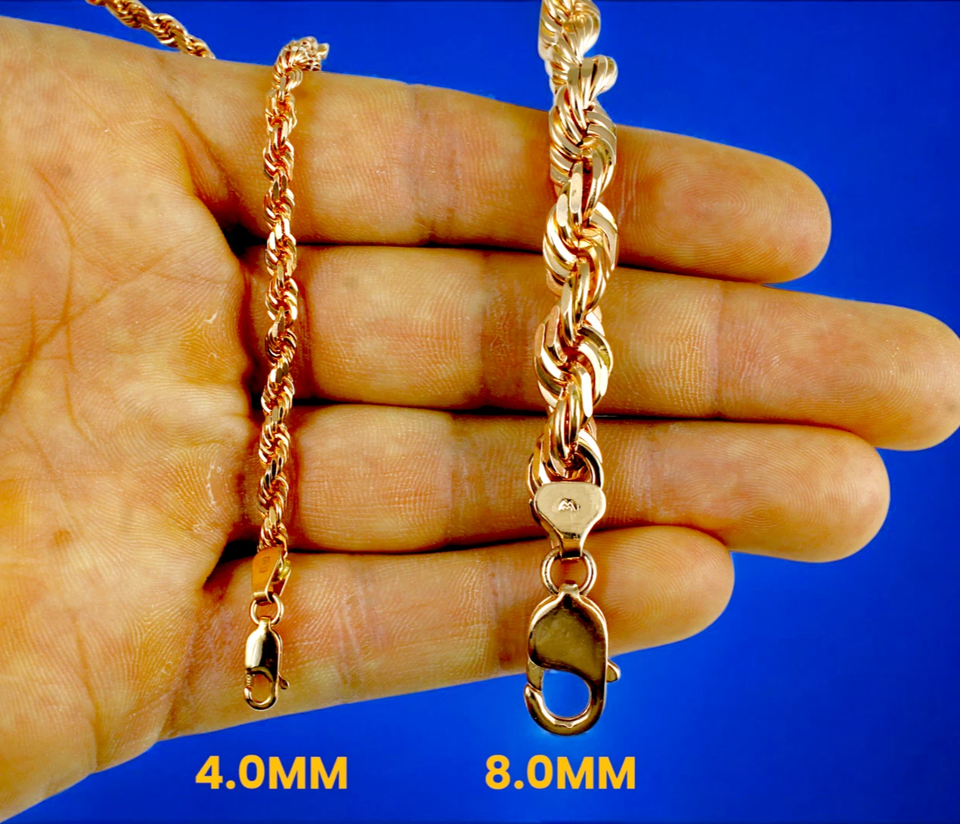 14K Rose Gold Rope Chain Necklace Bracelet Diamond Cut Real Gold 2mm ...