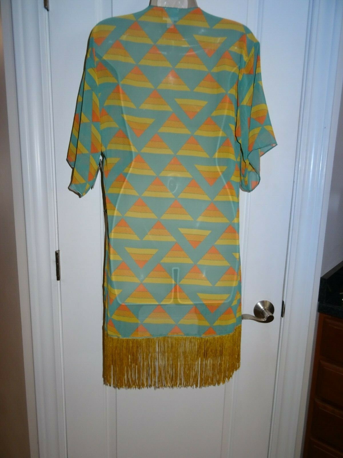 Kimono LuLaRoe Monroe Sheer Fringed Orange Green Yellow Pattern Sz ...