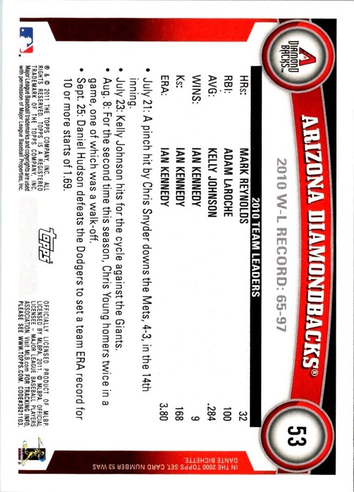2011 Topps Arizona Diamondbacks #53 Arizona Diamondbacks Baseball Card ...