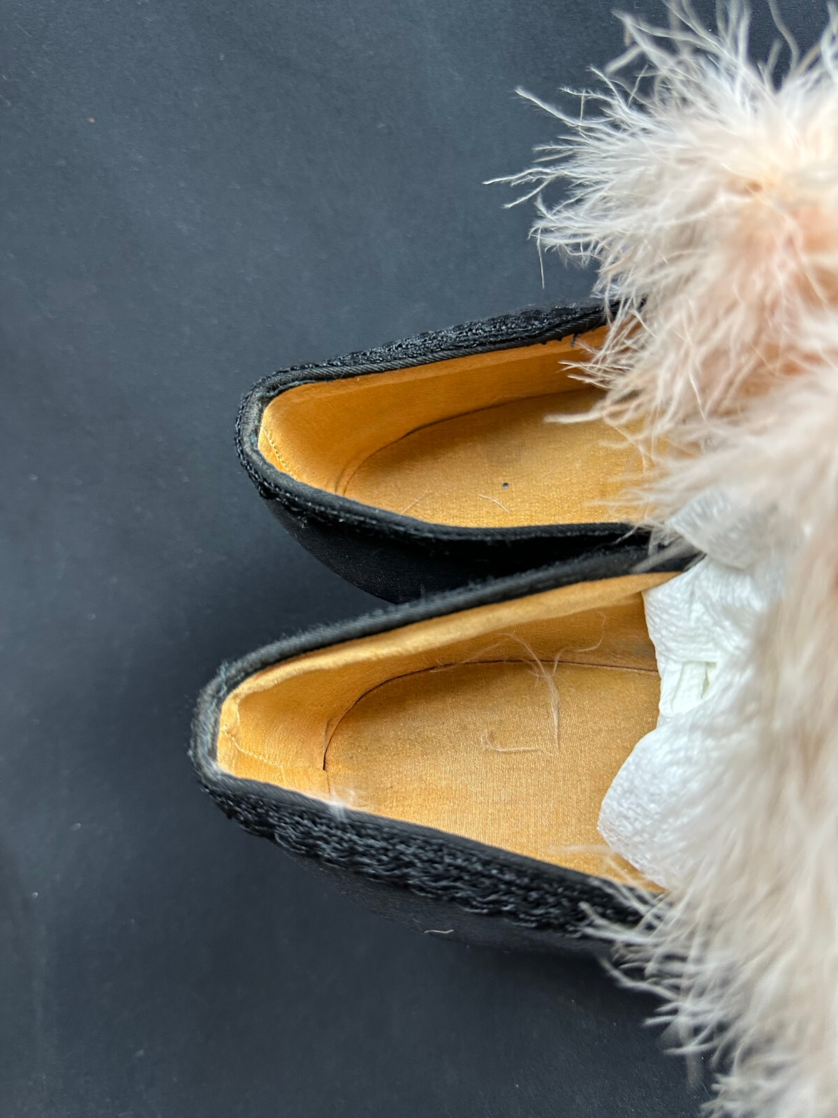 Vintage 1940s Black Satin Shoe Heel Boudoir Slipper M… - Gem