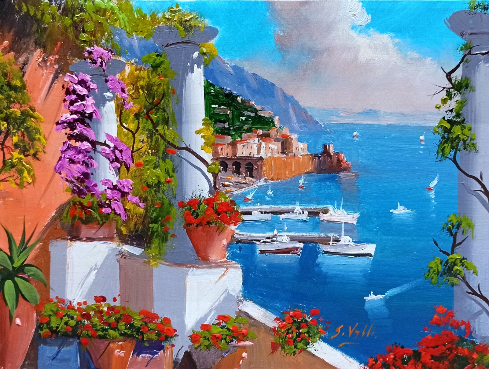 AMALFI PAINTING FLOWERS SEASIDE CANVAS ITALIAN PAINTER VALLI ORIGINAL ...