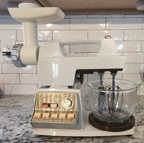 Vintage Oster Kitchen Center w/ Tilt Mixer, Beaters, Small Bowl, Meat ...