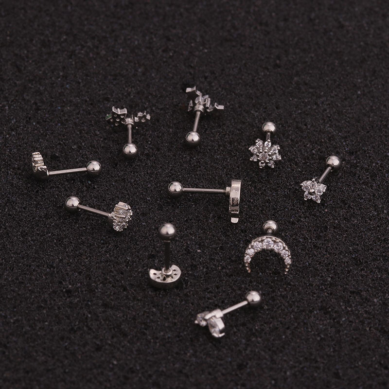 1Piece Stainless Steel Thin Rod Piercing Stud Earrings Zircon Ear Bone ...