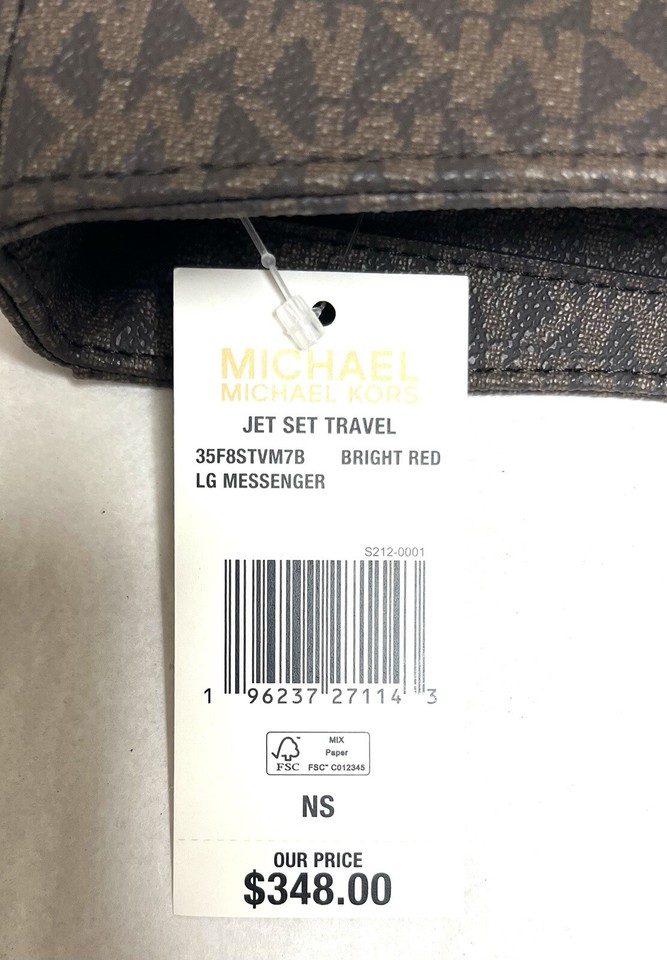 Michael Kors Jet Set Travel Brown RED PVC MK Signature Large Messenger Bag | eBay