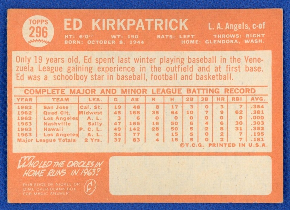 1964 Topps Baseball # 296 Ed Kirkpatrick California Angels Very Good | eBay
