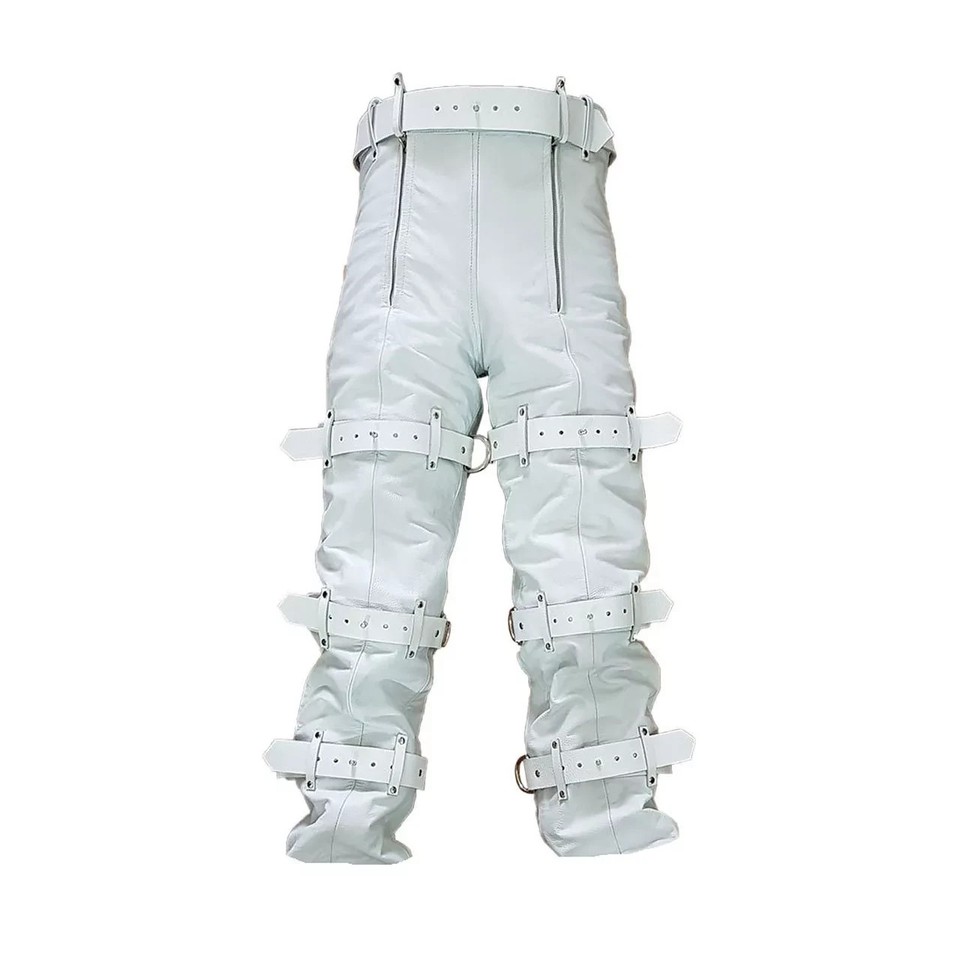 Mens Real White Leather Locking Bondage Chastity Jeans with Rear Zip ...