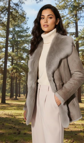 Women's Ash Grey Shearling Suede Coat with Plush Fur Collar | Premium ...