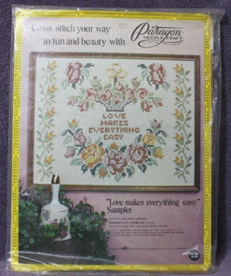 LOVE MAKES EVERYTHING EASY SAMPLER stamped cross stitch kit PARAGON NIP ...